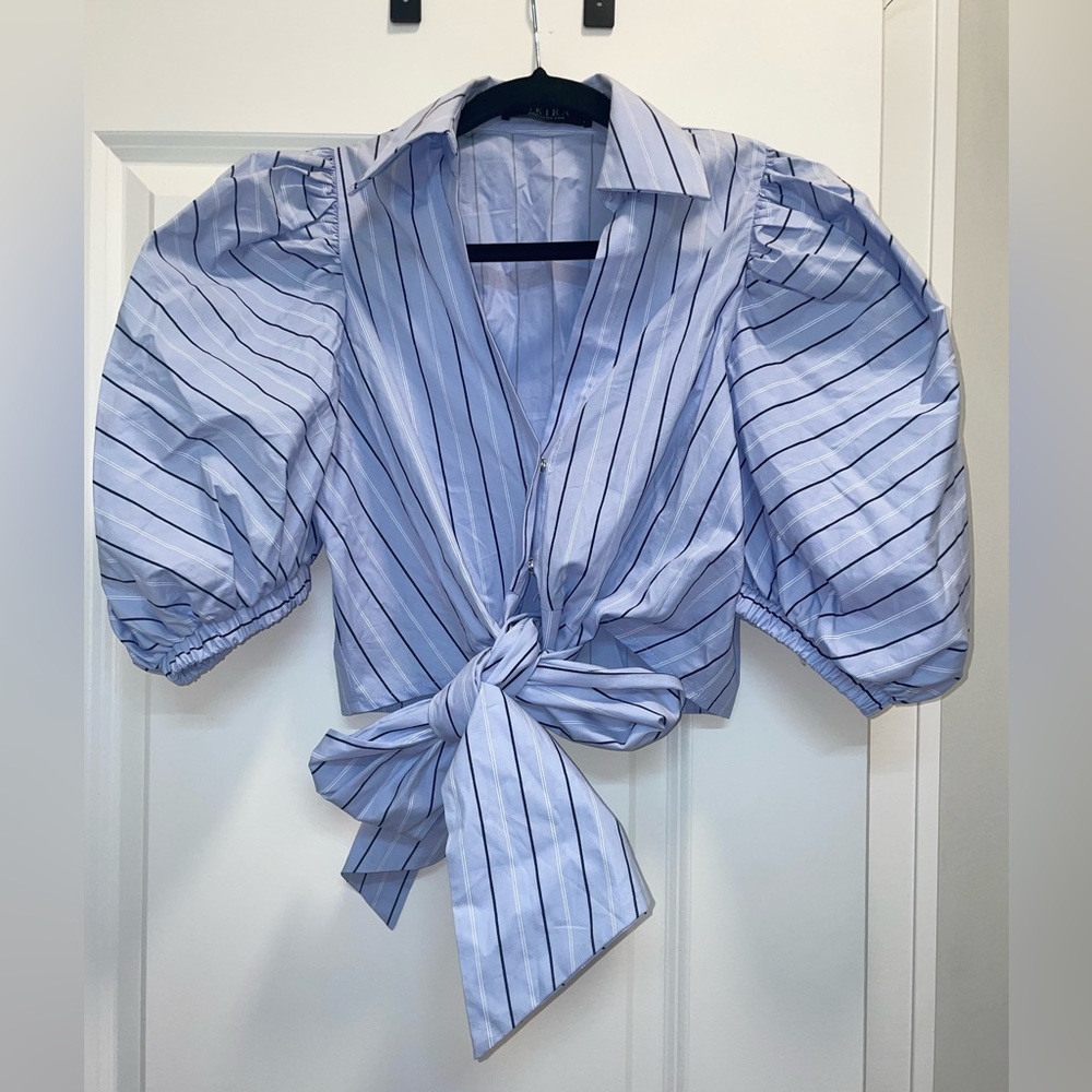 Akira Blue Puff Sleeve Cropped Top - Gem